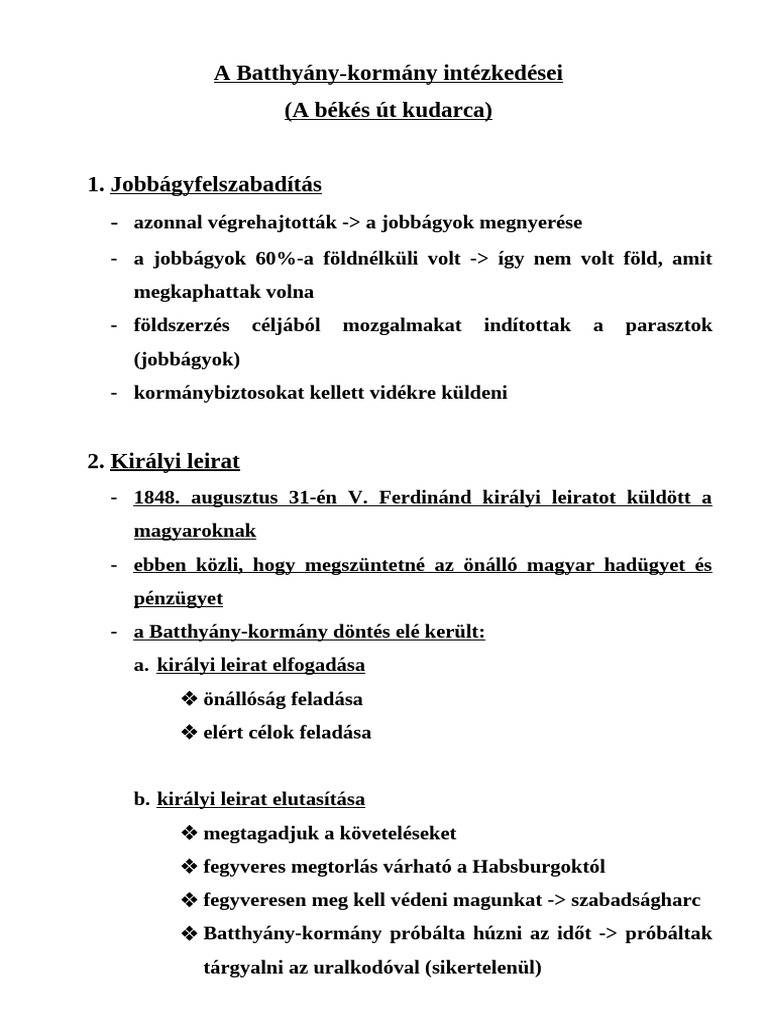 A Batthyány Kormány Intézkedései Vázlat | PDF