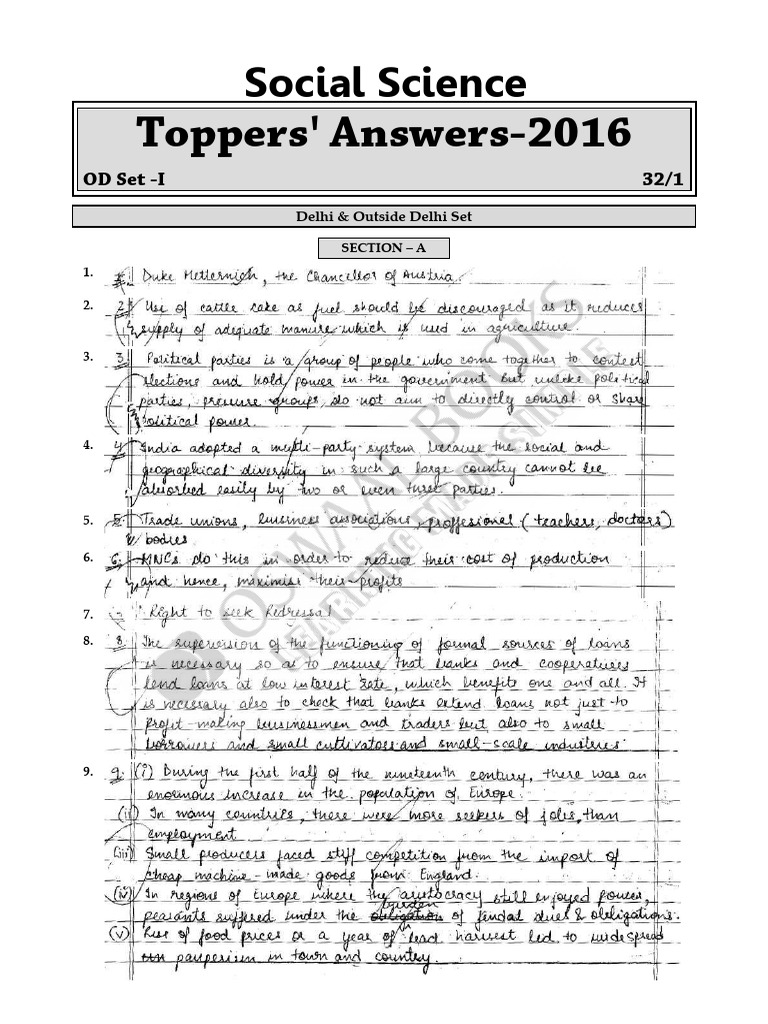 Oswaal CBSE 5 Years Social Science Class - 10 Topper Answers 2016 | PDF
