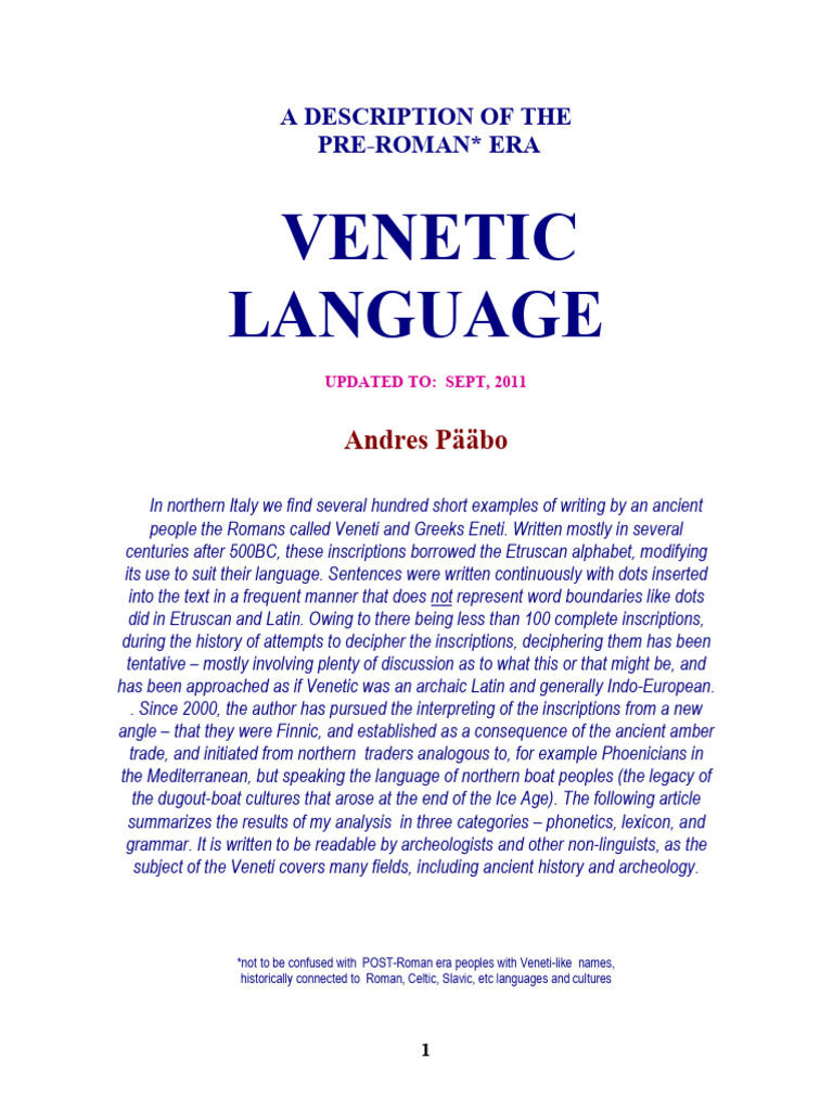 Ancient Venetic Language Analysis | PDF | Linguistics