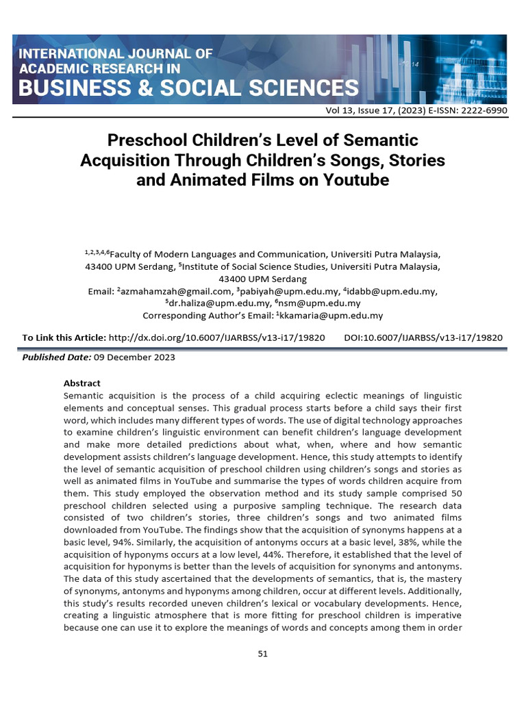 Preschool Children’s Level of Semantic Acquisition Through Children’s ...