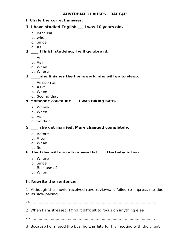 Adverbial Clauses Bài Tập | PDF | Chess | Chess Theory