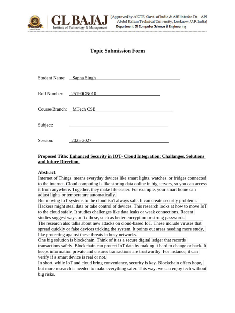 Topic Submission Format Sapna | PDF | Internet Of Things | Security