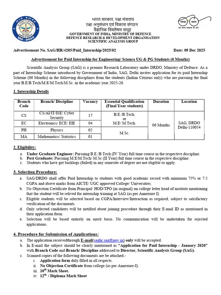 DRDO Paid Internship for Engineering Students | PDF | Verification And ...
