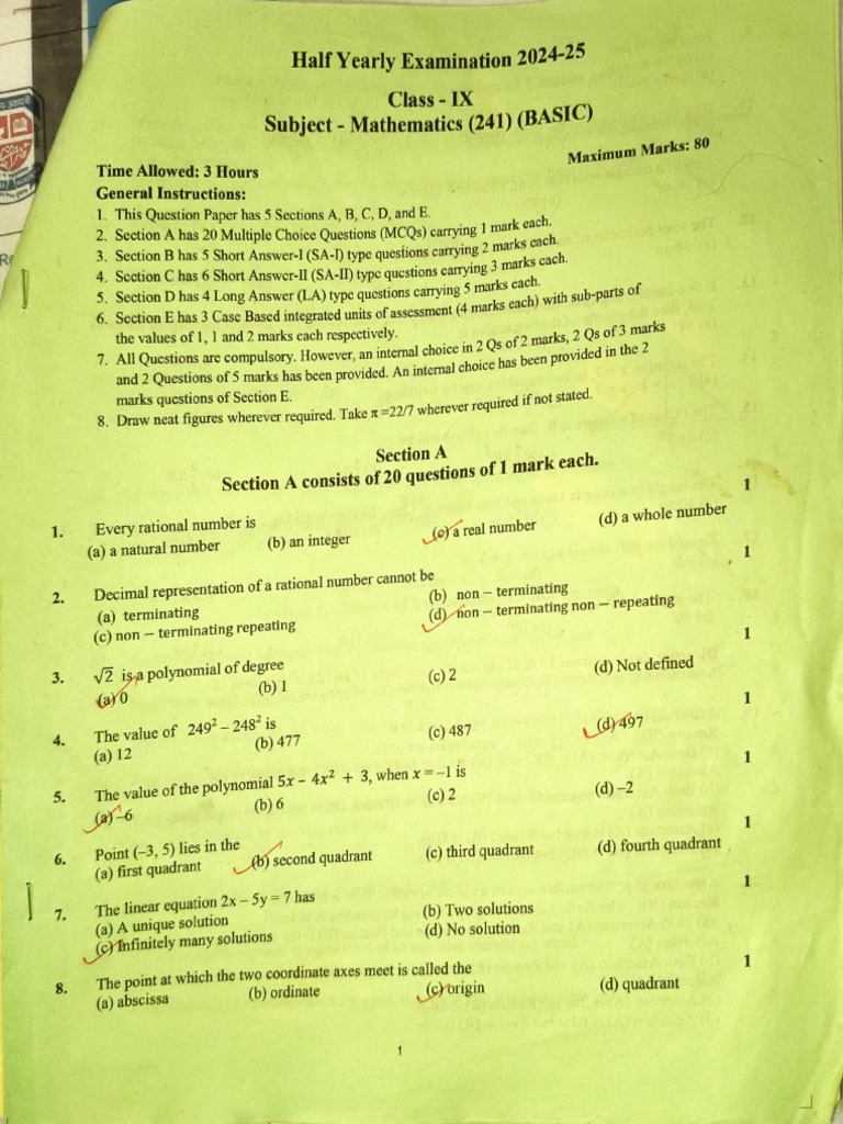 Class 9 Half Yearly Basic | PDF