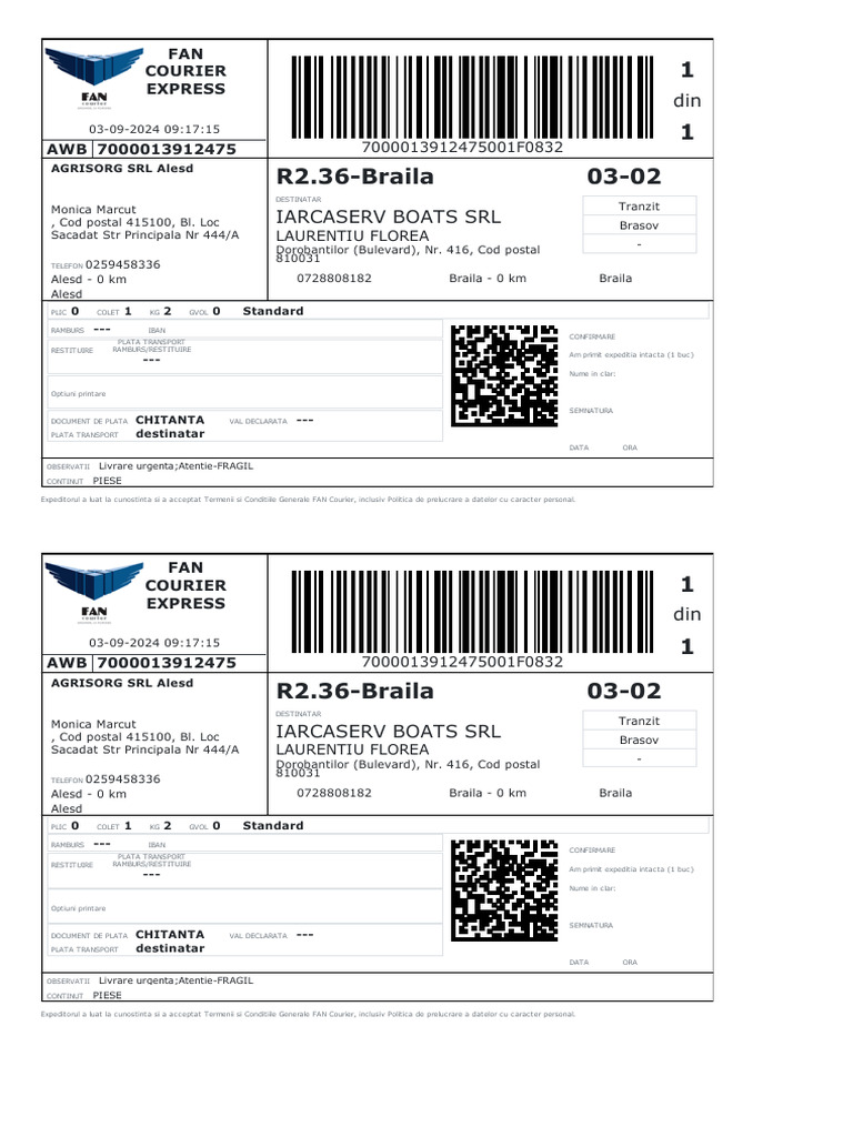 FAN Courier Expediere Detalii AWB 7000013912475 | PDF