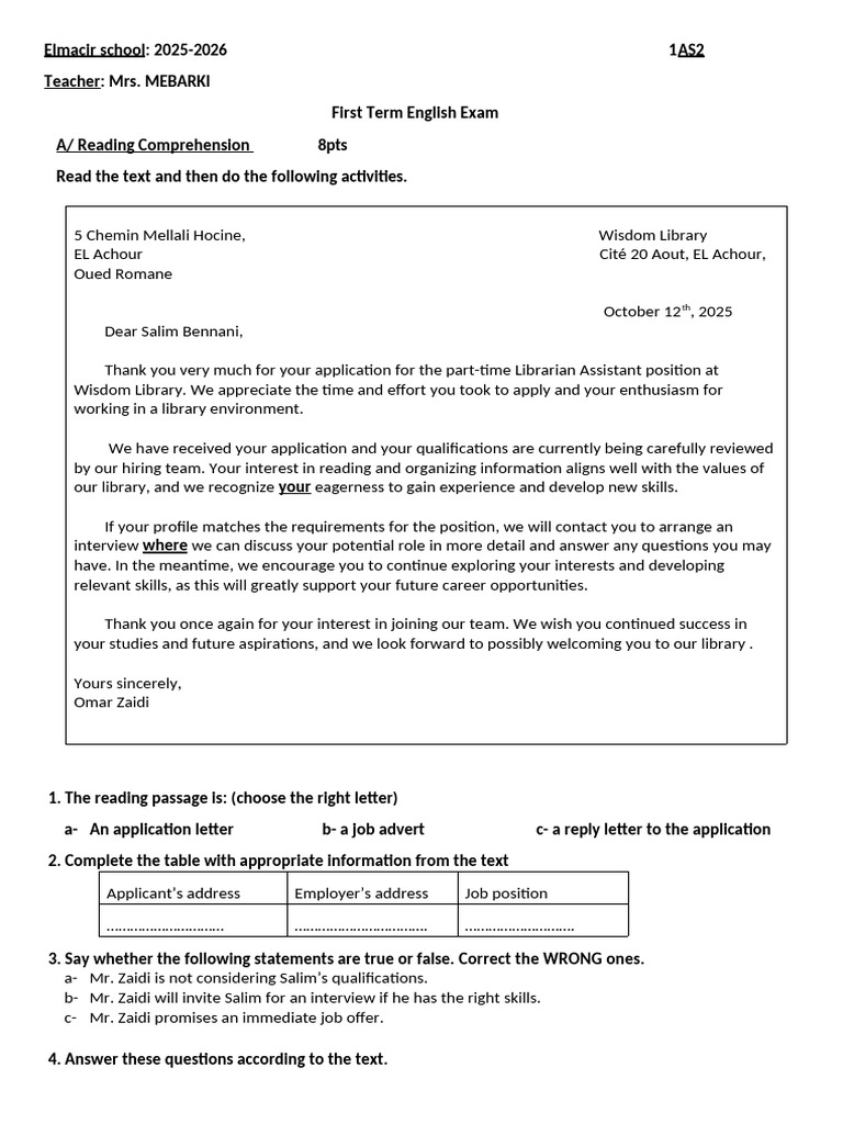 English Exam: Librarian Assistant Application | PDF
