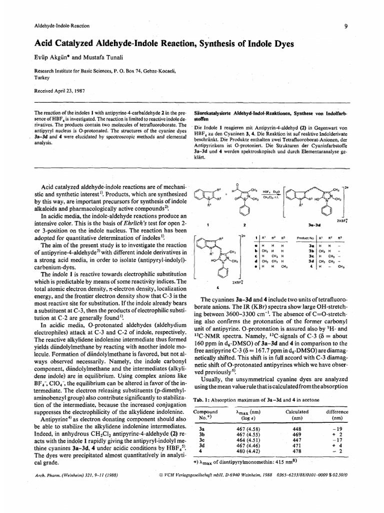 Acid Catalyzed Aldehyde-Indole Reaction, Synthesis of Indole Dyes | PDF ...