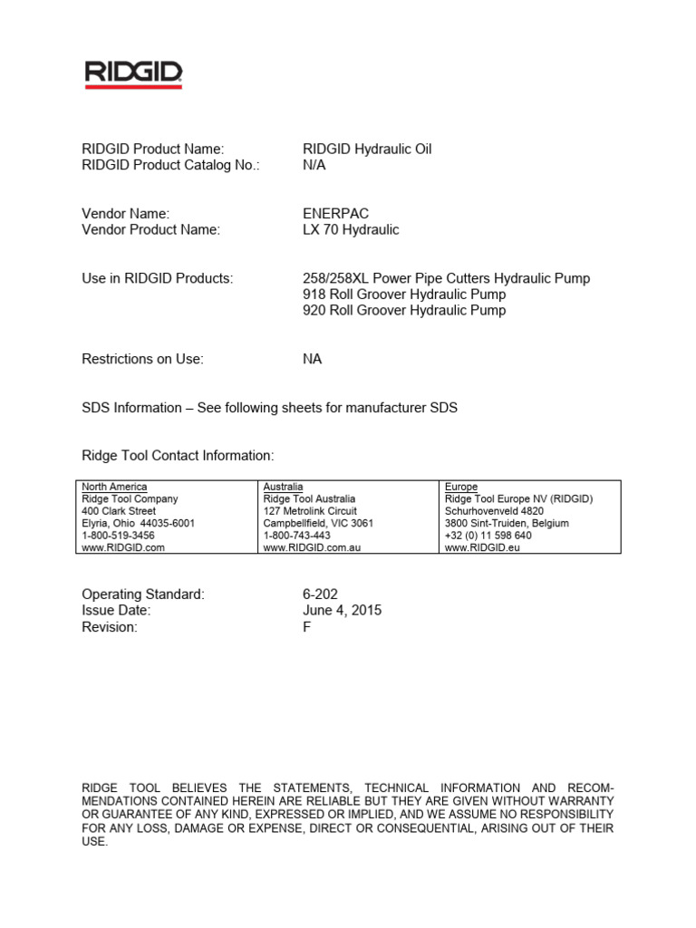 RIDGID Hydraulic Oil Safety Data Sheet | PDF