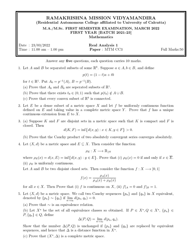 Real Analysis Exam Questions 2022 | PDF | Topology | Geometry