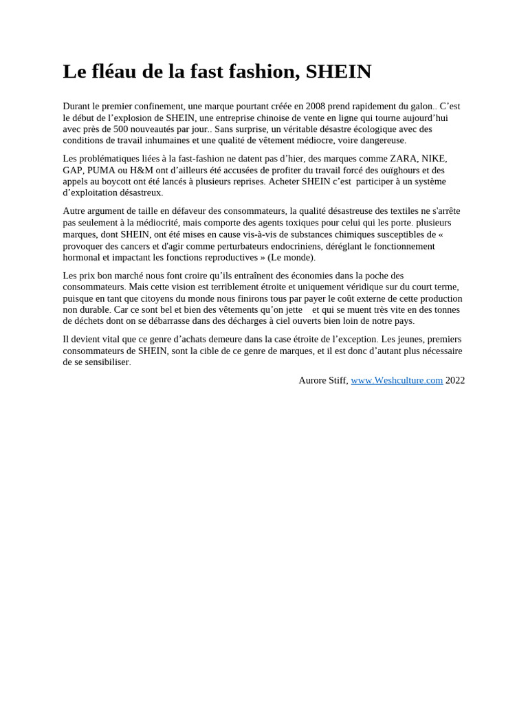 SHEIN : Impact écologique et social de la fast fashion | PDF