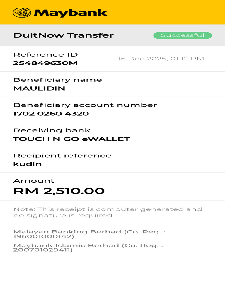 DuitNow Transfer Receipt - RM 2,510 | PDF