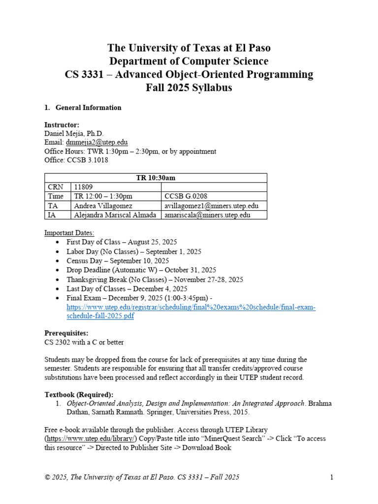 CS 3331 - Syllabus FA25-1 | PDF | Artificial Intelligence ...