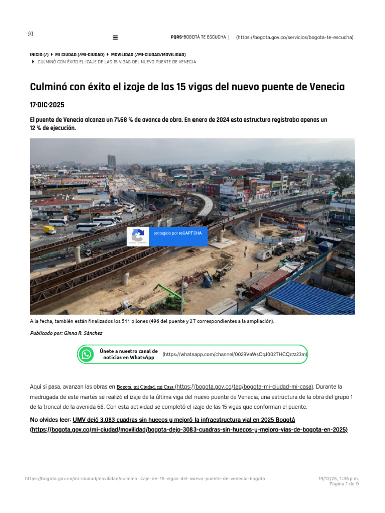 Izaje exitoso de 15 vigas en puente Venecia | PDF | Bogotá