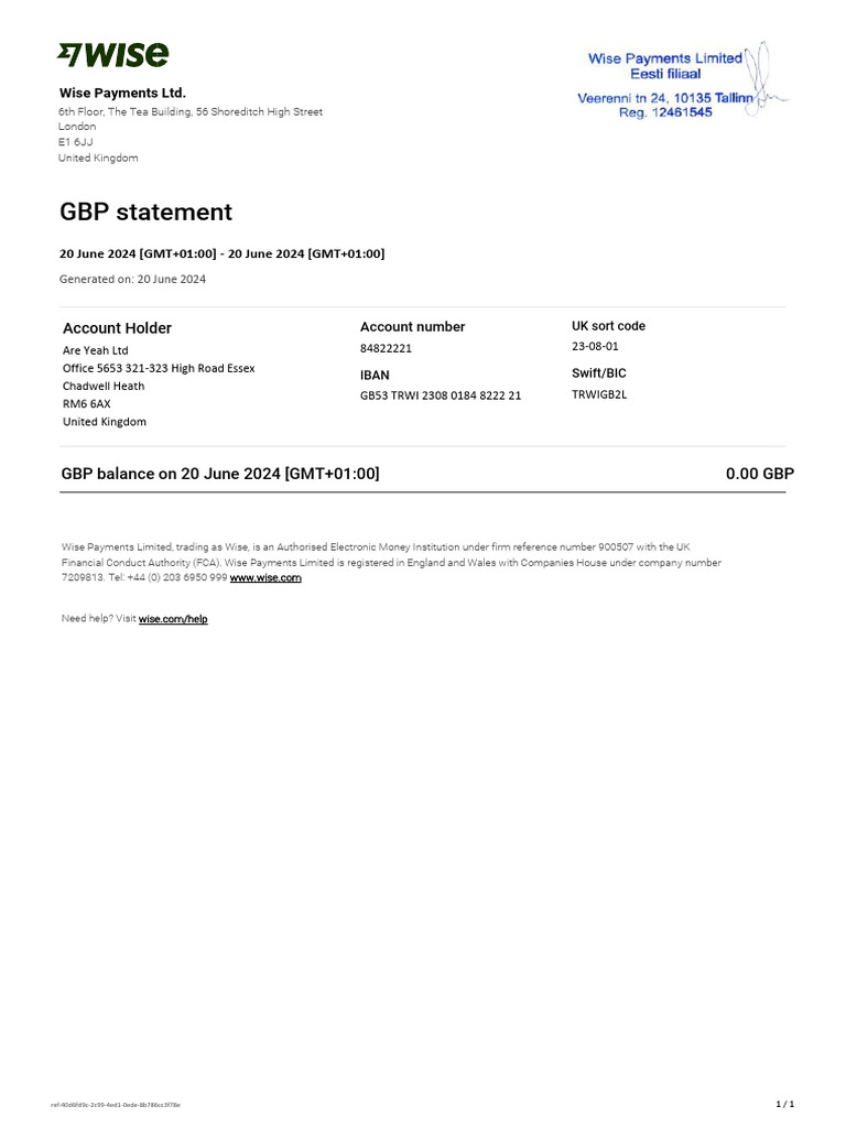 Wise Payments GBP Statement for Are Yeah Ltd | PDF