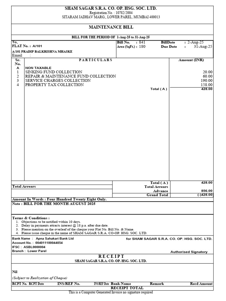 BILL FOR THE AUGUST 2025 | PDF | Cheque | Receipt