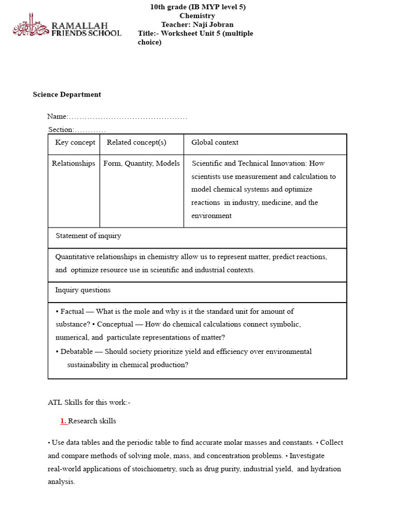 Worksheet Unit 5 (Multiple Choice) | PDF | Mole (Unit) | Acid