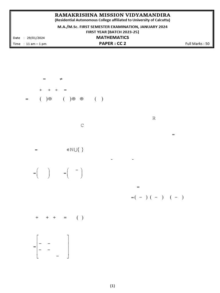 Mathematics Exam Paper - Jan 2024 | PDF | Matrix (Mathematics) | Basis ...
