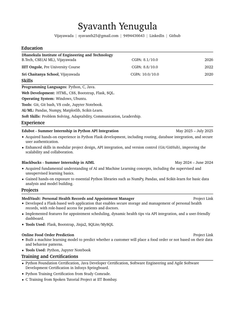 Syavanth Updated Resume | PDF | Python (Programming Language) | Web ...