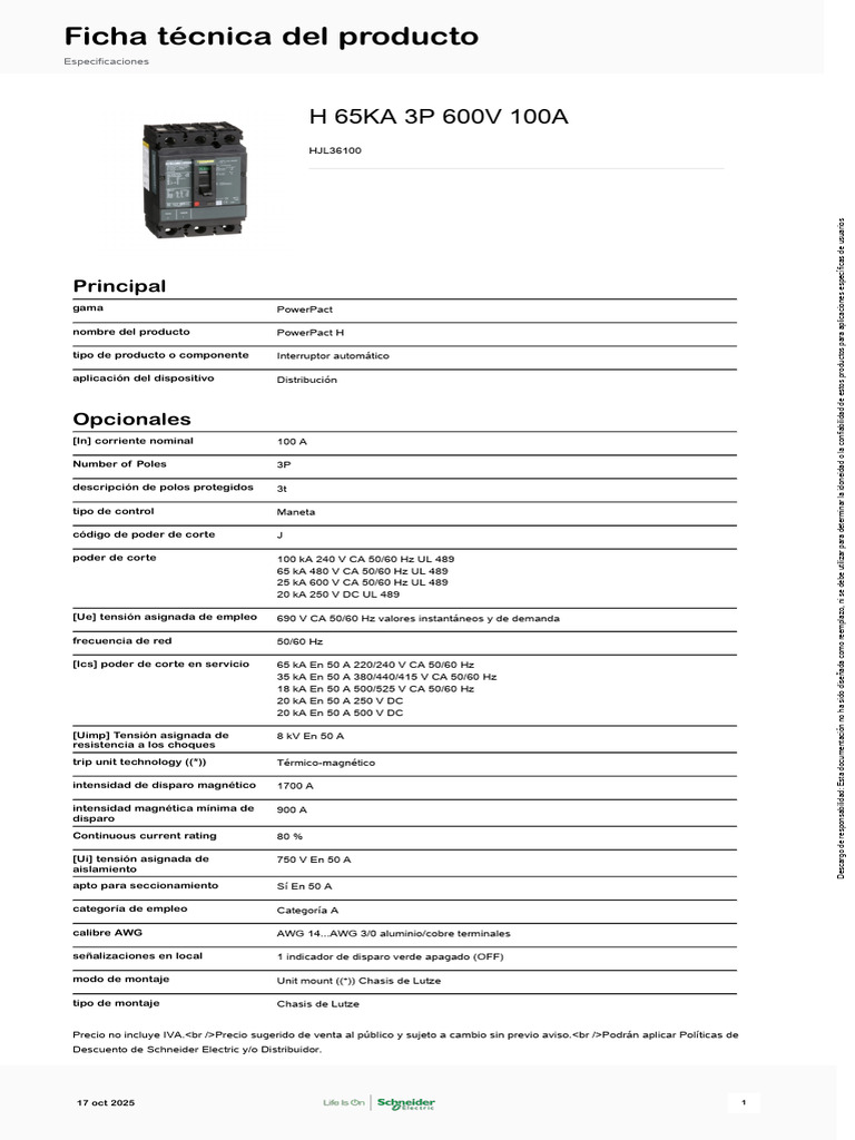 Schneider Electric Interruptores en Caja Moldeada Powerpact Marco H ...
