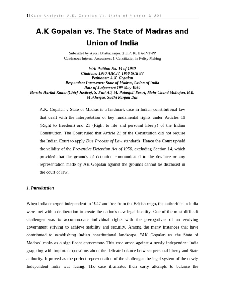 A K Gopalan Vs The State - 21JIP016, Ayush Bhattacharjee | PDF | Habeas ...