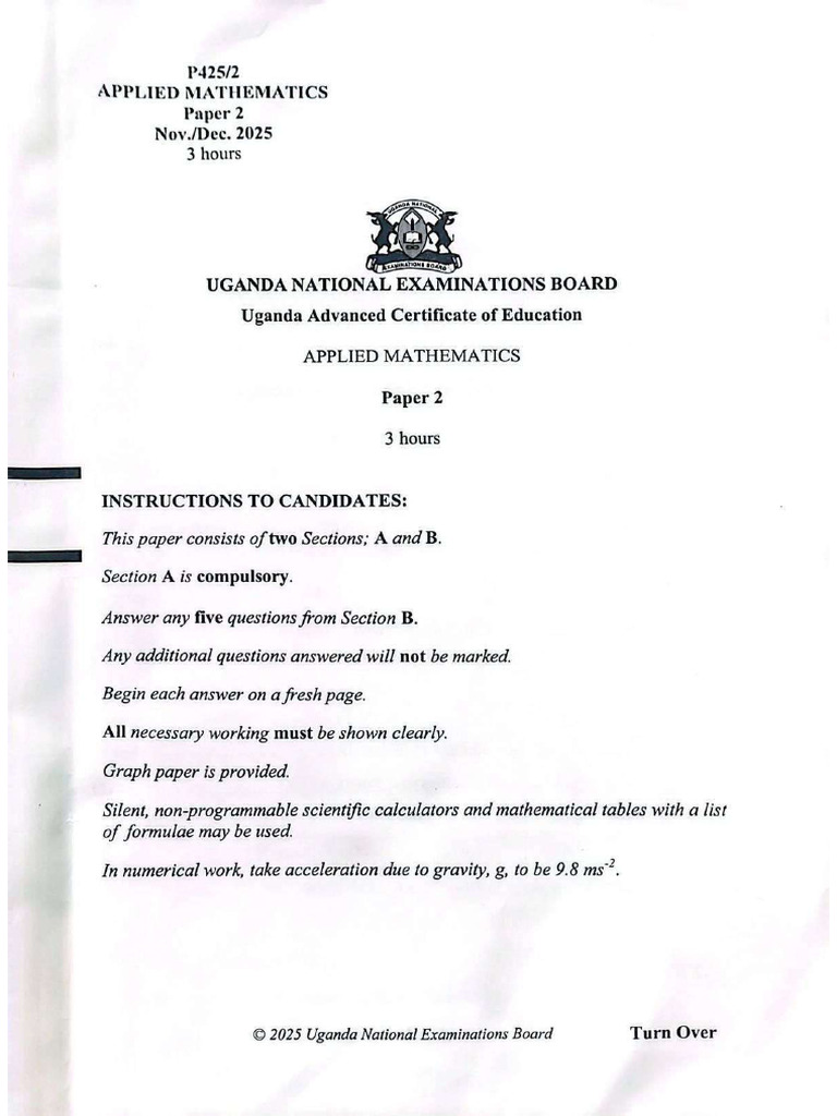 Uneb Uace 2025 Applied Mathematics Paper 2 | PDF
