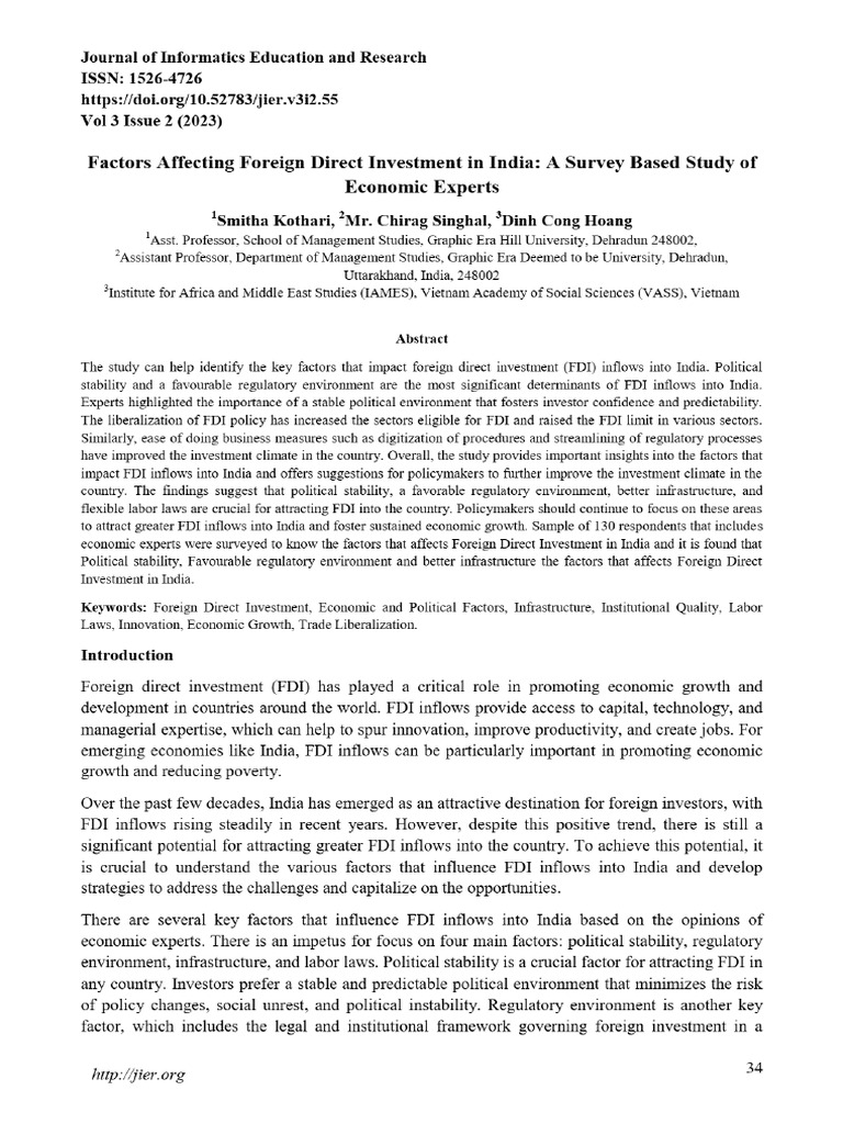 View of Factors Affecting Foreign Direct Investment in India - A Survey ...