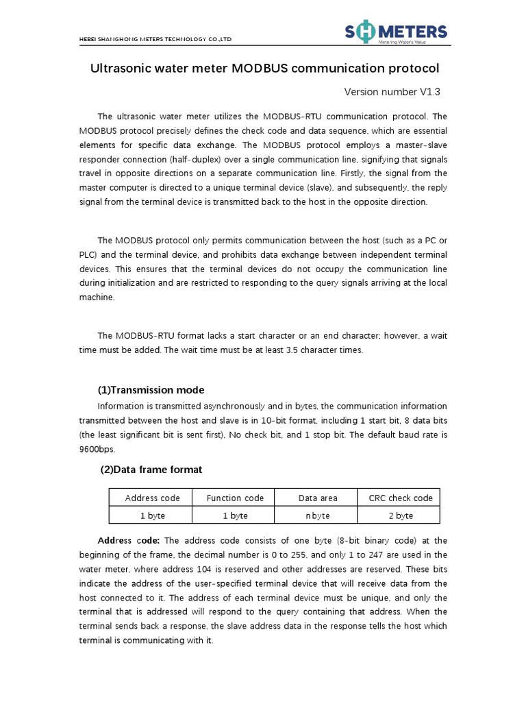 MODBUS Protocol for Ultrasonic Water Meters | PDF | Bit | Computer ...