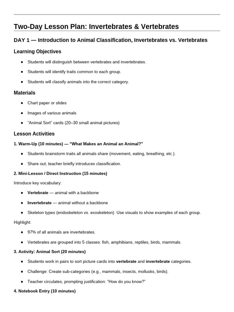 Invertebrates & Vertebrates Lesson | PDF | Invertebrate | Vertebrates