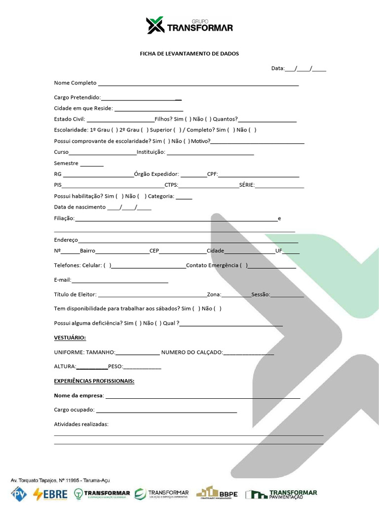 Ficha de Levantamento de Dados Pessoais | PDF