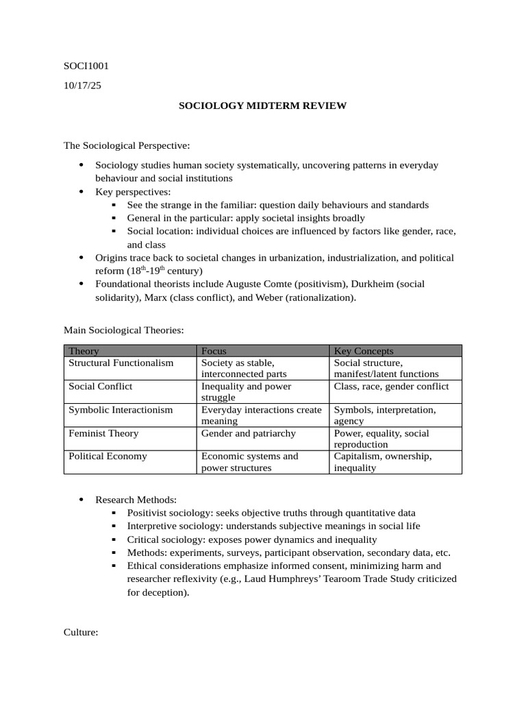 SOCI1001 Midterm Review | PDF | Sociology | Social Stratification