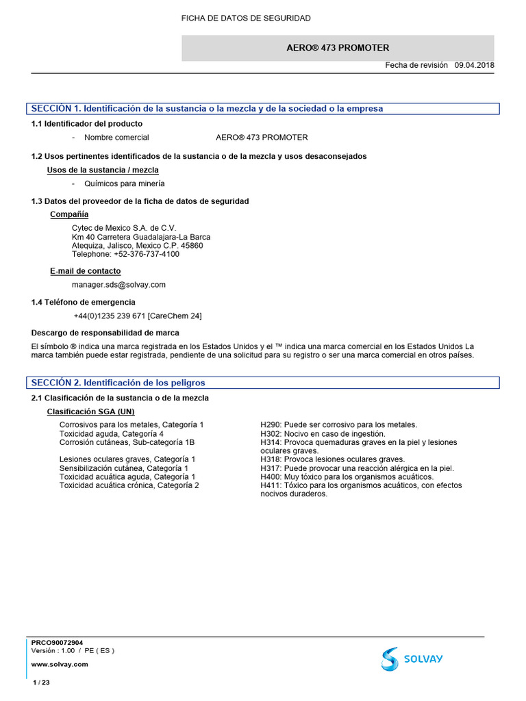 Ficha de Seguridad AERO® 473 Promoter | PDF | Química