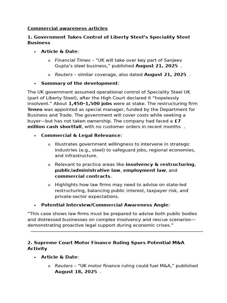 Commercial Awareness Articles | PDF | Mergers And Acquisitions ...
