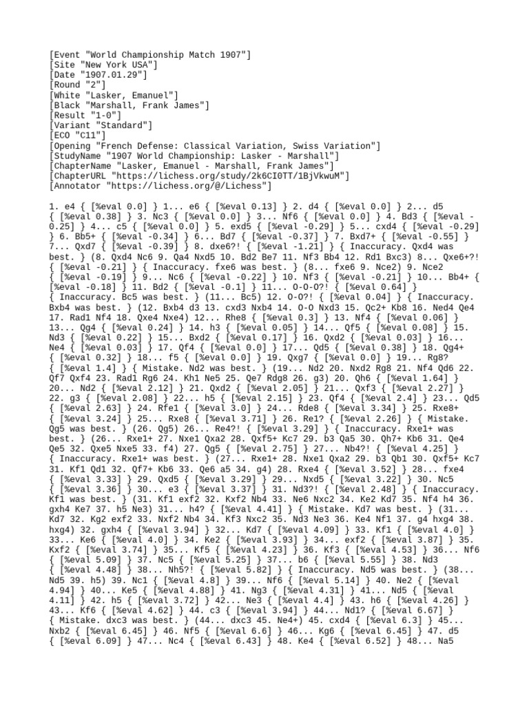1907 Lasker vs. Marshall - Game 2 | PDF | Chess | Chess Theory