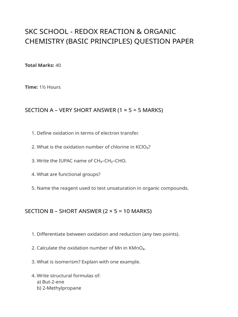 Redox Reactions & Organic Chemistry Exam | PDF
