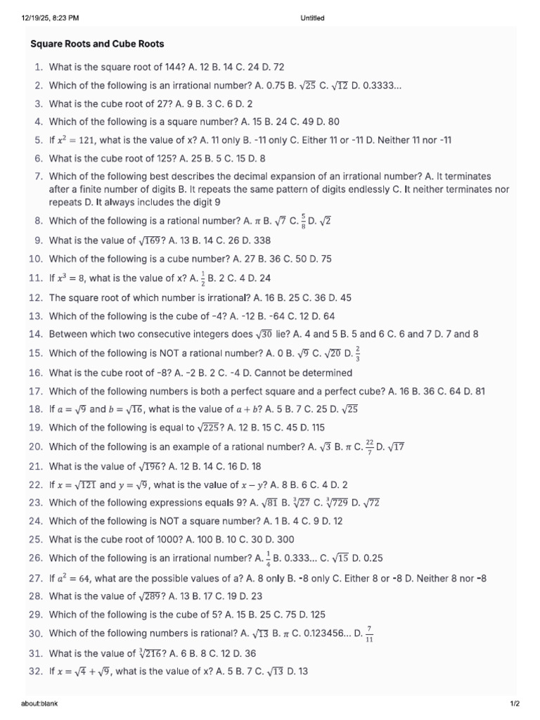 QUESTIONS (Square Roots and Cube Roots) | PDF
