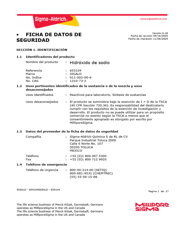 Ficha de Seguridad: Hidróxido de Sodio 655104 | PDF | Hidrógeno | Óxido