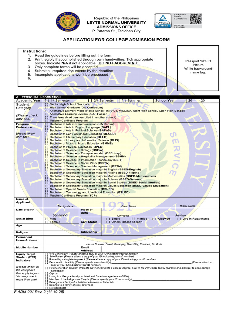 F-ADM-001 Rev.2 (11!10!2023) Application For Admission Form and Data ...