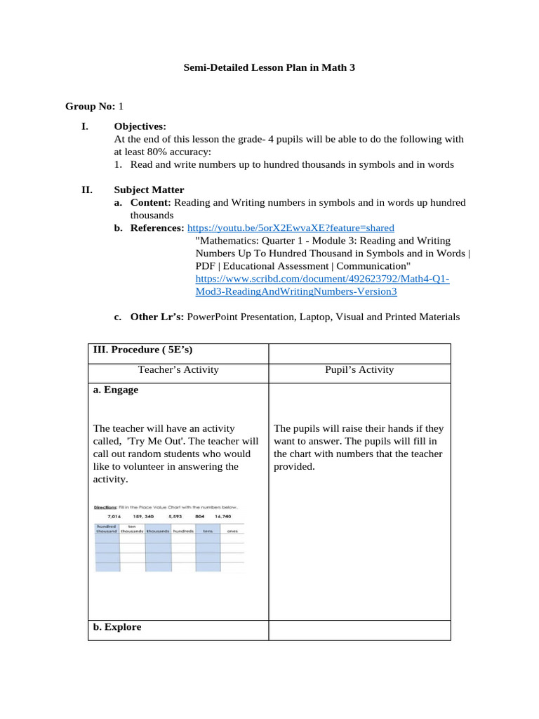 Lesson Plan: Reading Numbers in Math 3 | PDF | Lesson Plan | Teachers