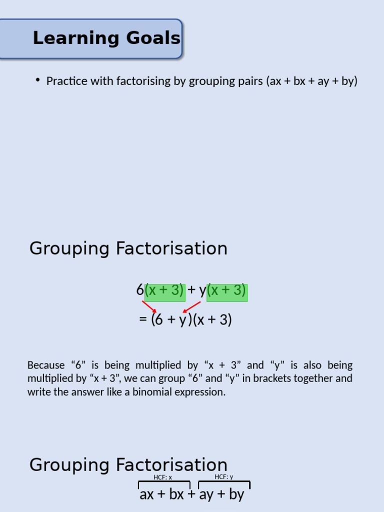 Grouping Pairs Factorisation (Ax + Bx + Ay + by) (PowerPoint) | PDF