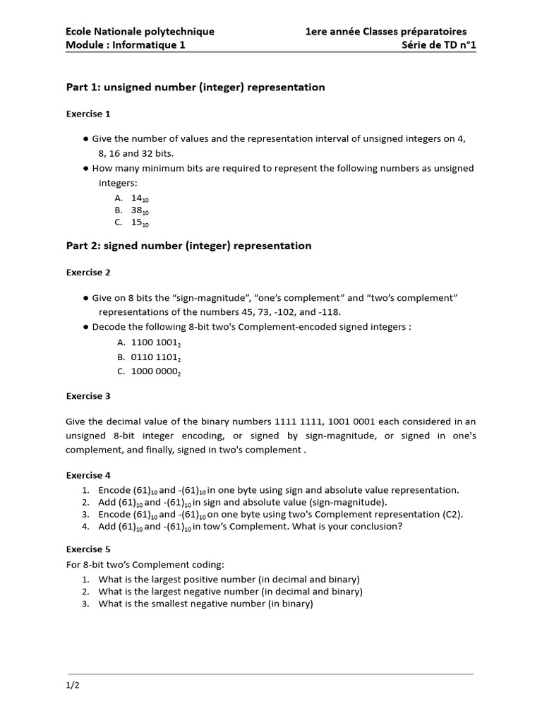 Série TD2 Info1 ENP | PDF | Integer (Computer Science) | Bit