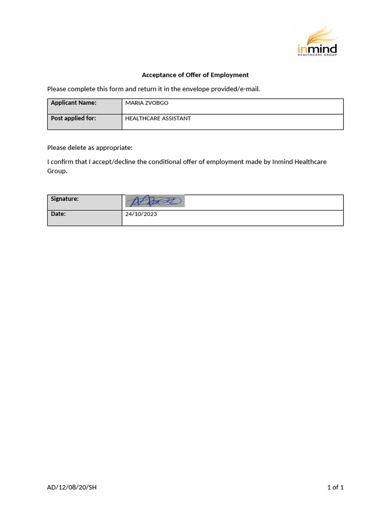 Acceptance of Offer Form | PDF