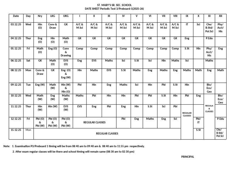 Date Sheet p3 & Preboard 1 | PDF