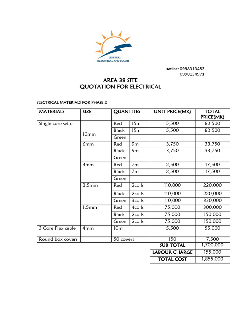 Electrical Quotation for Phase 2 Project | PDF