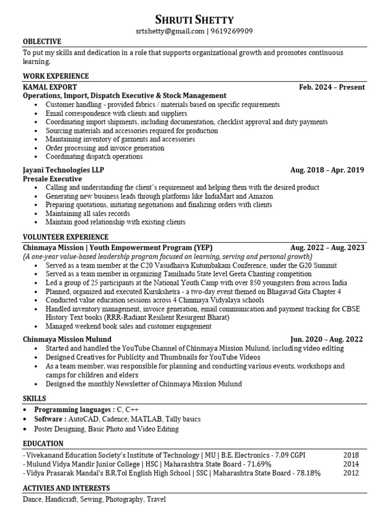 Shruti Shetty Resume Draft | PDF