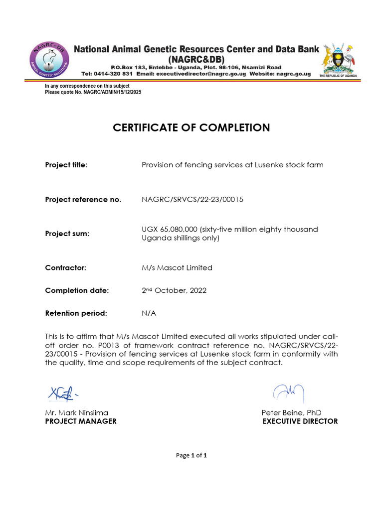 Certificate of Completion for Fencing Services | PDF