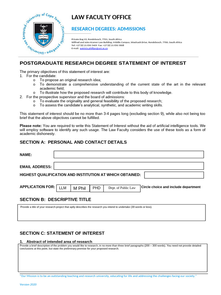 Statement of Interest Form Law Research Degrees v2025 | PDF ...