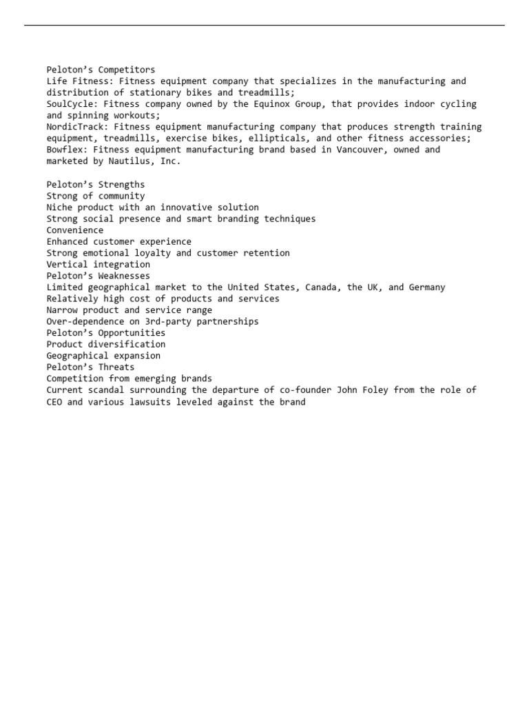 Peloton SWOT Analysis and Competitors | PDF