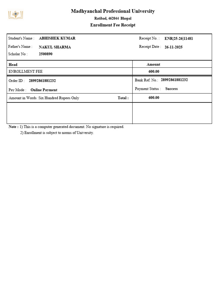 Enrollment Fee Receipt - Madhyanchal University | PDF