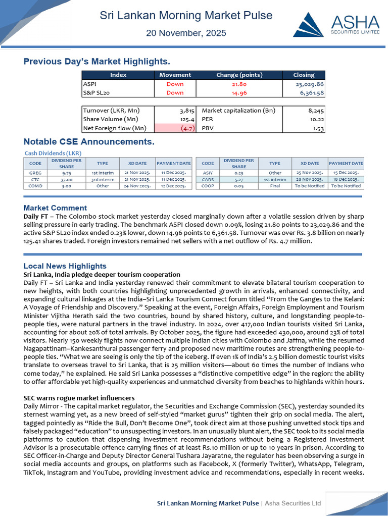 Previous Day's Market Highlights: Notable CSE Announcements | PDF ...