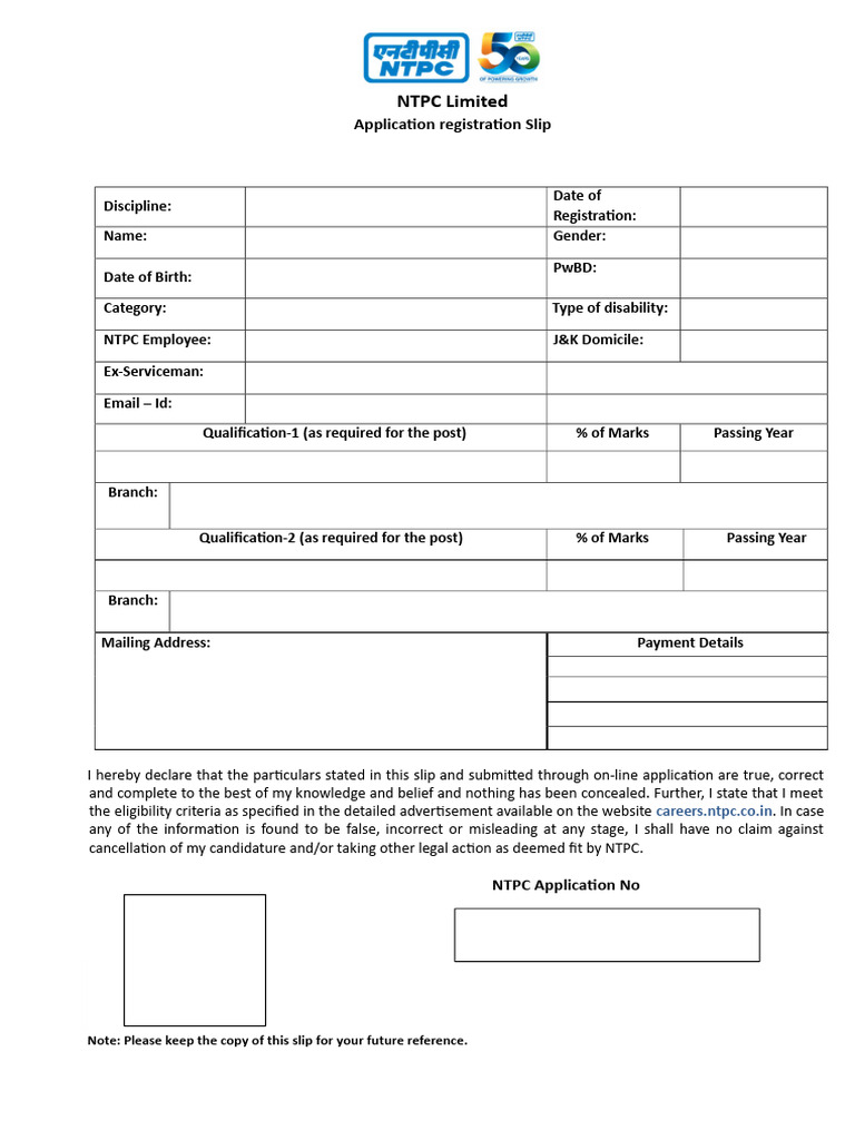 NTPC Application Regd Slip | PDF